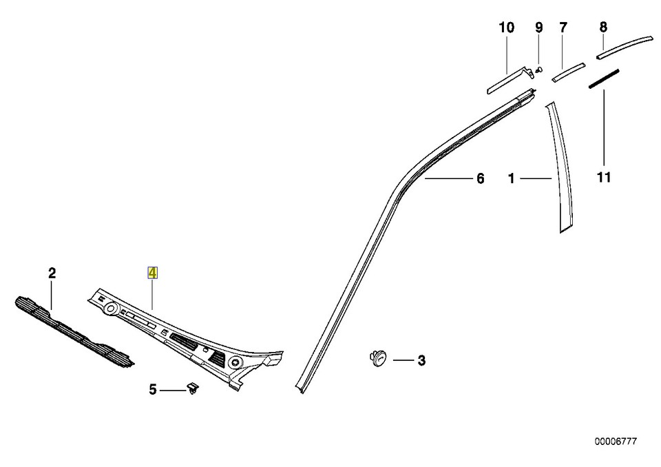 BMW E36 R Wiper Linkage Scuttle Panel Cover Trim 1960844 51711960844 ...