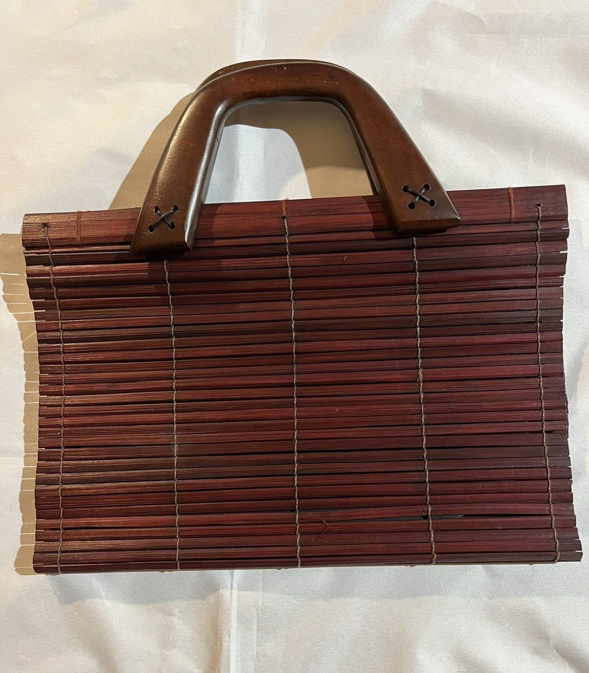 Small Red Slated Bamboo Foldable Bag Wooden Handles L… - Gem