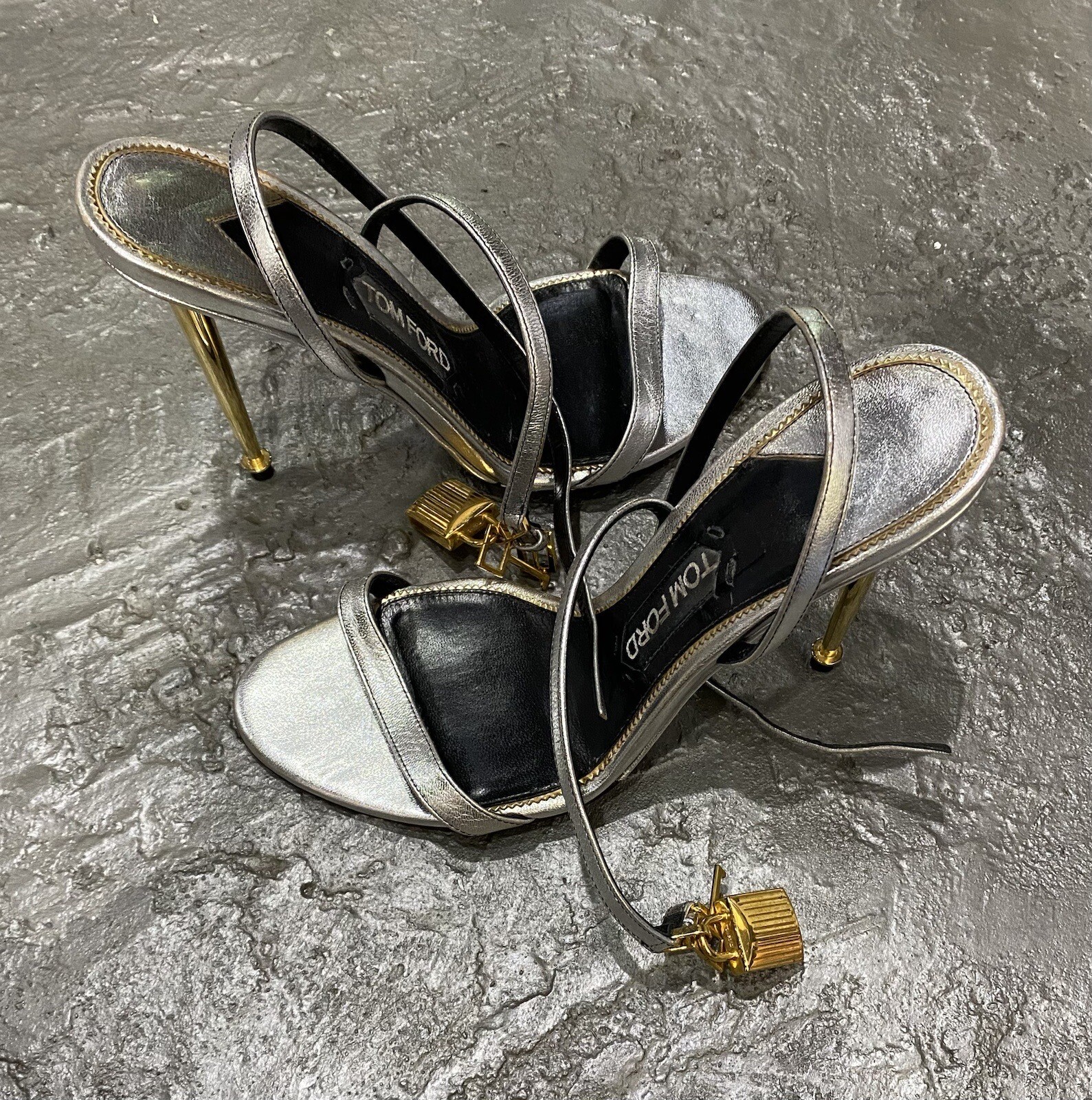 TOM FORD Silver Metallic Leather Padlock Stiletto Hee… - Gem