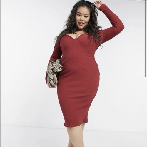 ASOS Design Dress Curve Bodycon Long Sleeve Ribbed Midi Red Women’s ...