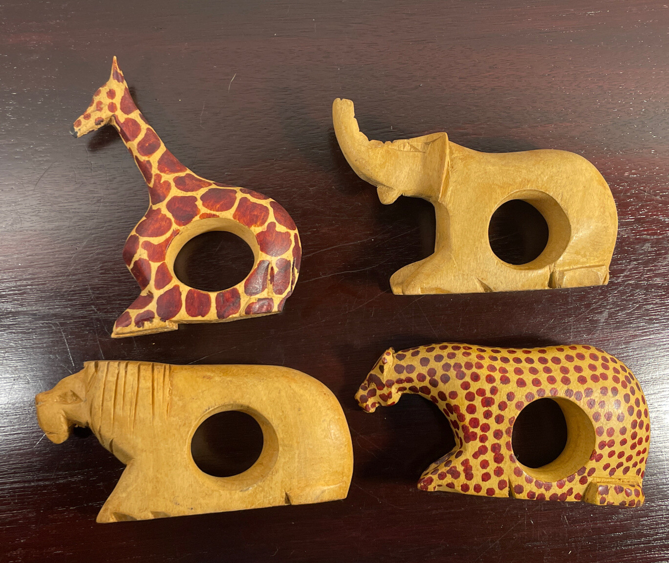 4 Hand Carved Napkin Rings African Safari Wooden Animals | eBay