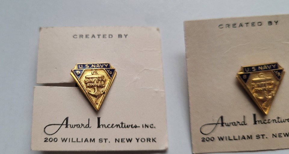 Lot of 2 Vintage U.S. US Navy 8 Year & 9 Year Safety Award Lapel Pin ...