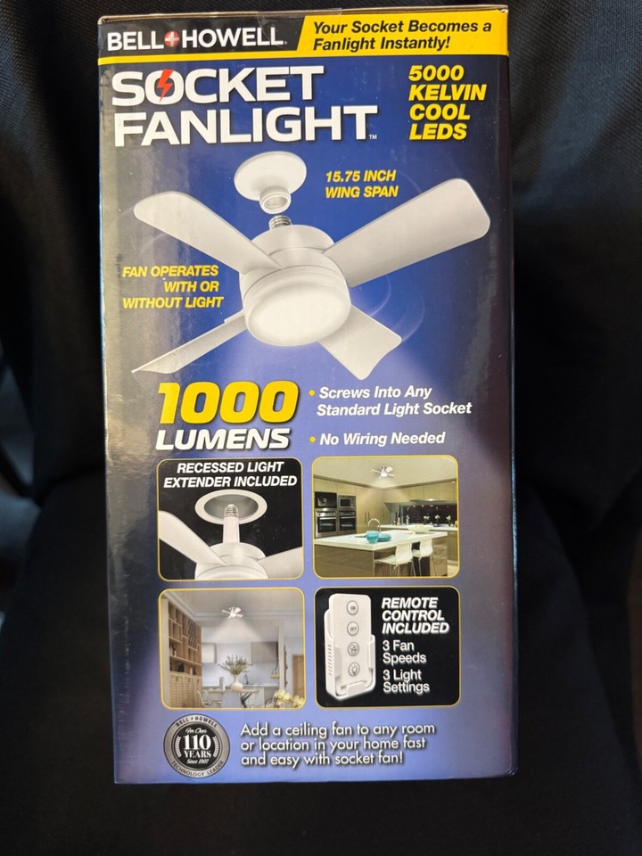 Bell + Howell Socket Fan Indoor White Socket Ceiling Light Fan w ...