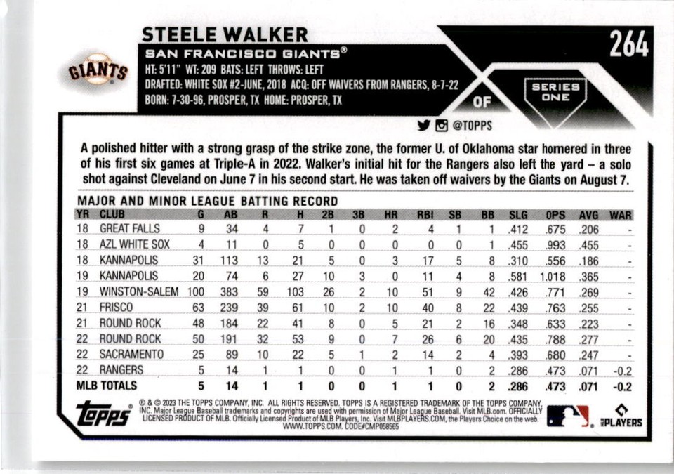 2023 Topps Baseball Steele Walker #264 RC | eBay
