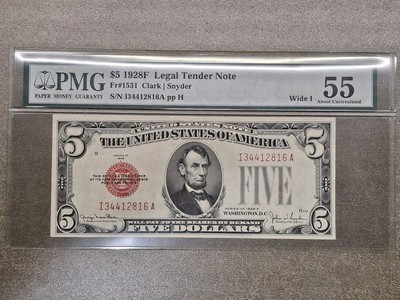1928 F $5 US Legal Tender Wide I Fr#1531 PMG About Uncirculated 55 | eBay