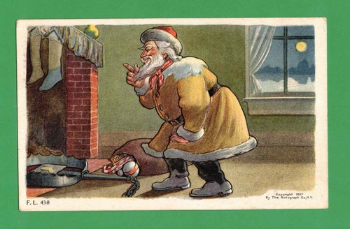 1908 ROTOGRAPH CHRISTMAS POSTCARD SANTA GOLD COAT FIREPLACE STOCKINGS ...