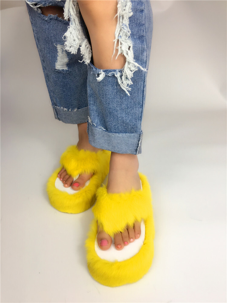 Women 100% Real Rabbit Fur Flip-flops Wedge Heel Sandals Slippers ...