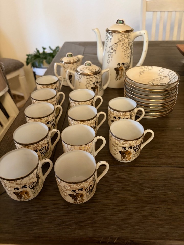 vintage Japanese Kutani Geisha tea set cherry blossoms gold | eBay