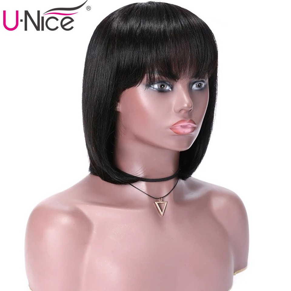 UNice Peruvian Short Bob Straight Human Hair Wigs with Bangs 10" 150% ...