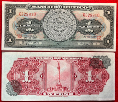 1970 Mexico Banknote 1 Peso UNC Paper Money Aztec Calendar SERIE BIO ...