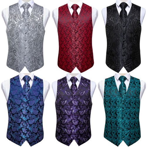 Mens Waistcoat Burgundy Red Paisley Vest Suit Hanky Tie Set Wedding ...