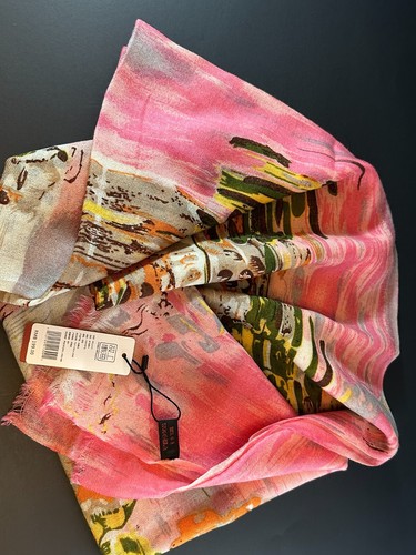 Story of Shanghai Scarf Shawl NWT 100% Wool Watercolor Scene Pink Green ...