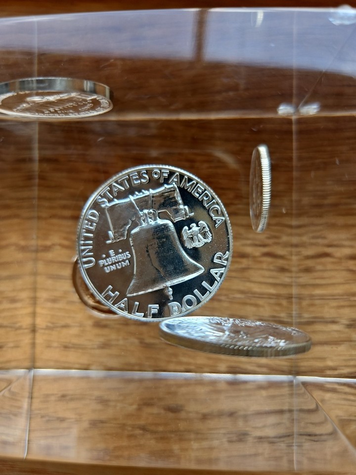 Vintage Lucite Acrylic Paperweight 1957 90% Silver Floating Coins Set ...