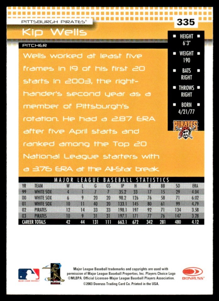 2004 Donruss Kip Wells Pittsburgh Pirates #335 | eBay