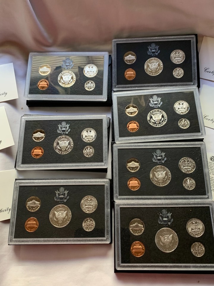 1992-1998 UNITED STATES MINT SILVER PROOF SETS, COMPLETE 7 SILVER SETS ...