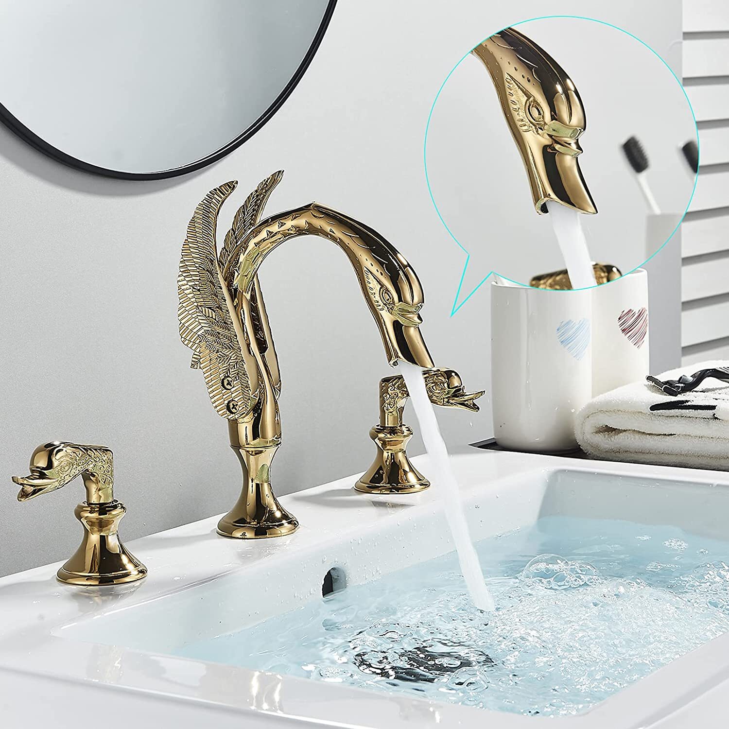 Gold Waterfall Swan Bathroom Sink Faucet 3 Hole 8" Widespread Vanity ...