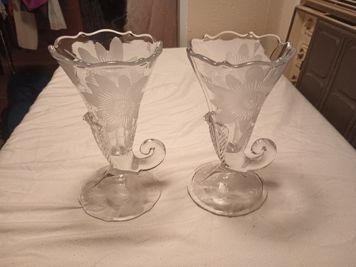 Set Of 2 Duncan Miller Cornucopia Clear Glass Floral Etched Vase 8 1/4 ...