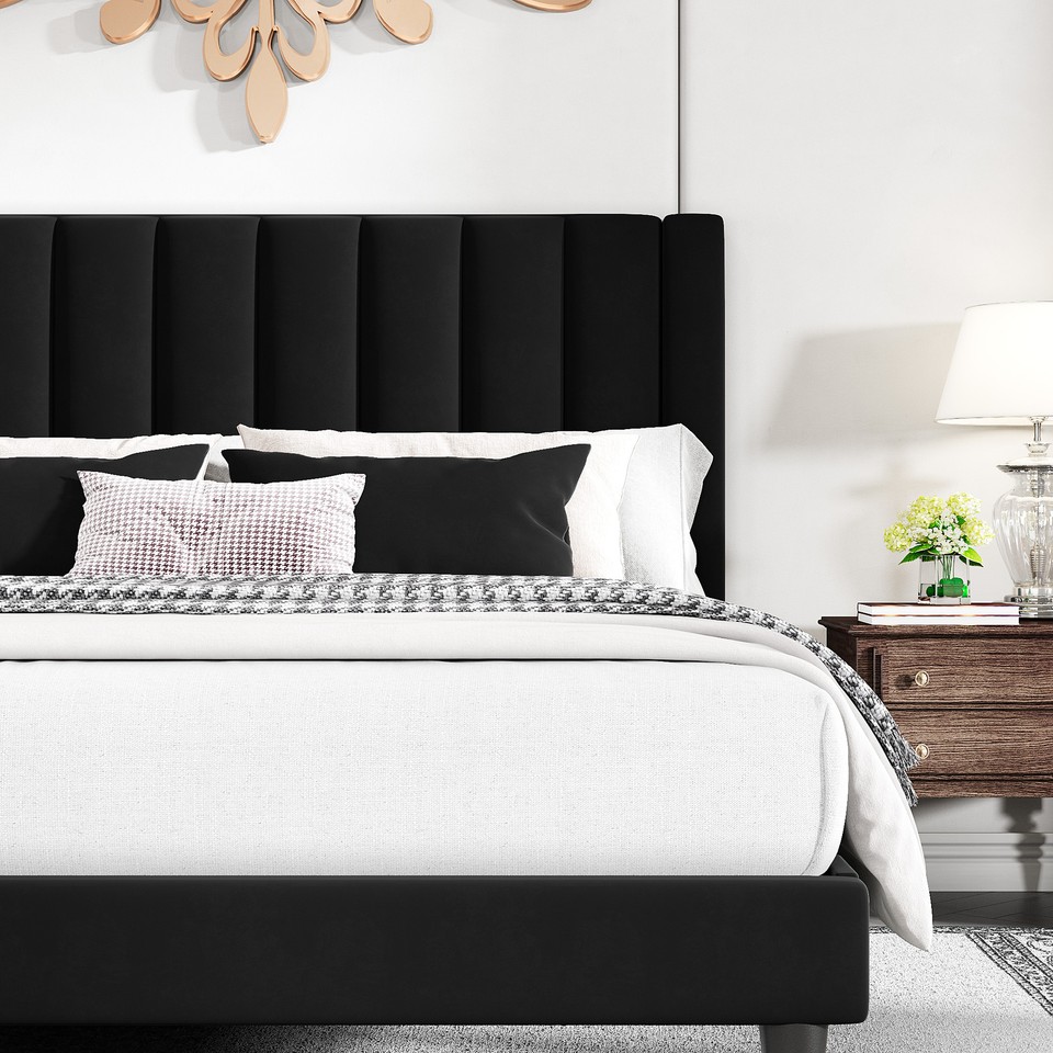 Platform Bed Frame with Velvet Upholstered Plush Vertical Channel ...