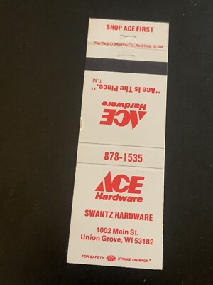 Vintage Wisconsin Matchbook “Ace Hardware - Swantz Hardware” Union ...