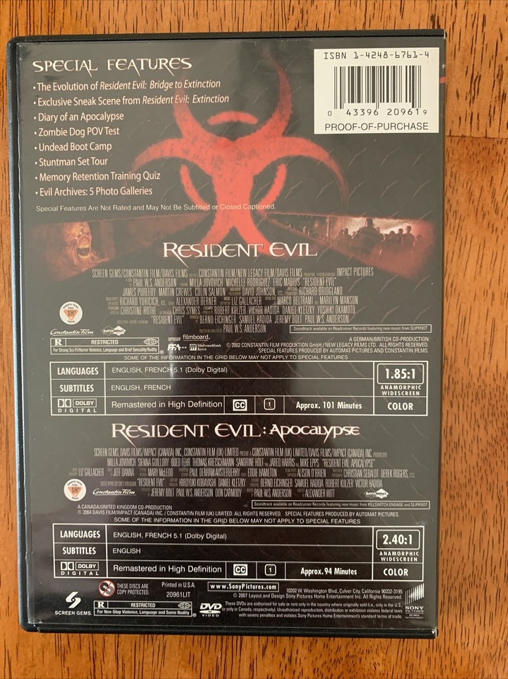 Resident Evil /Resident Evil: Apocalypse Box Set (DVD, 2007, 2-Disc Set ...