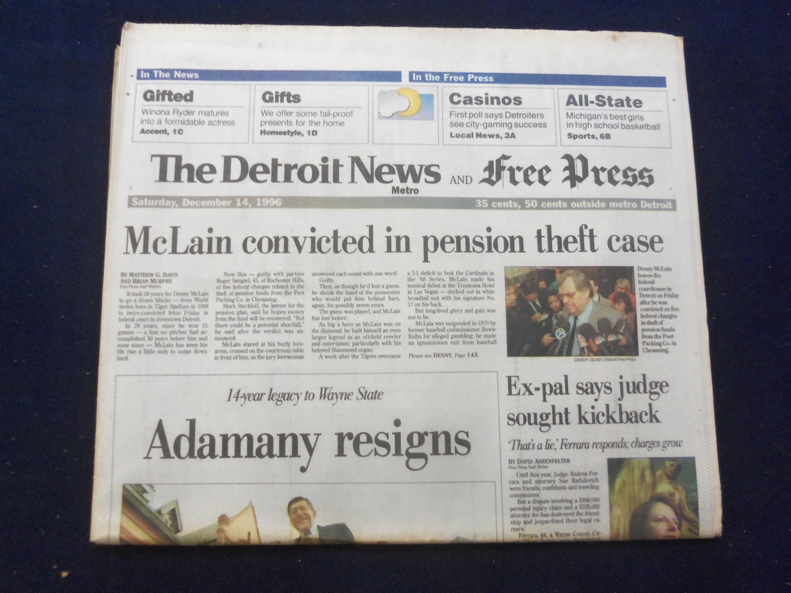 1996 DEC 14 DETROIT NEWS/FREE PRESS NEWSPAPER - DENNY MCLAIN CONVICTED ...
