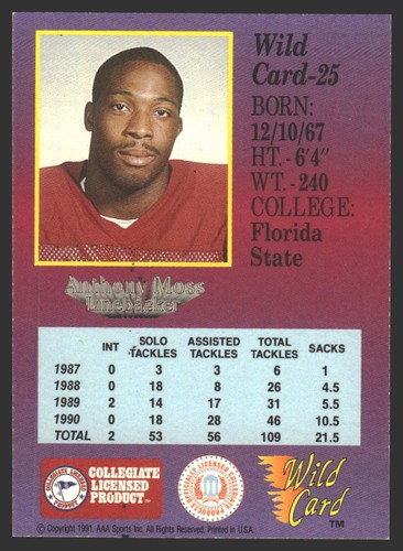 Anthony Moss #25 1991 Wild Card Draft Florida State Seminoles | eBay