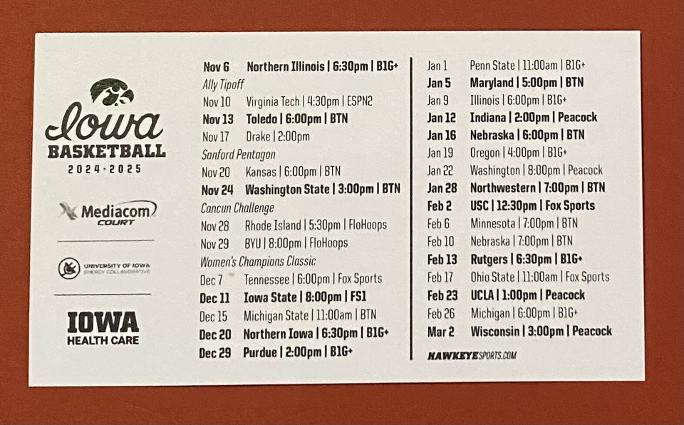 2024-2025 IOWA HAWKEYES Schedule 🏀 College Basketball Sked NEW‼️CARD W ...