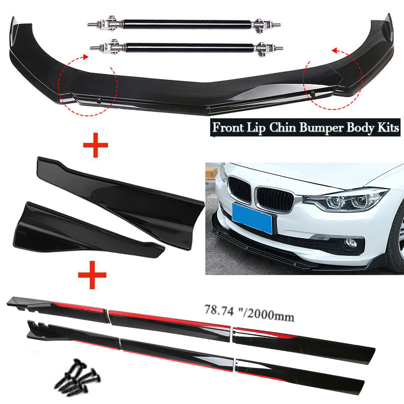 Universal For BMW Front Rear Bumper Lip Spoiler Splitter Body Kit Side ...