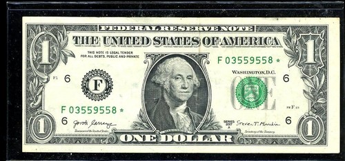 $1 Dollar Bill 2017A STARNOTE F03559558* FRN STAR NOTE PAPER CURRENCY ...