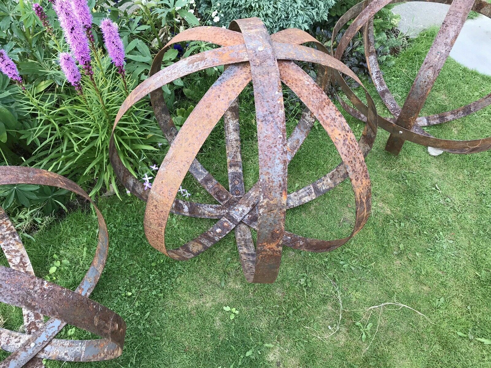 Garden Metal Sphere Sculpture Reclaimed Rusty Whisky Barrel hoop ring ...