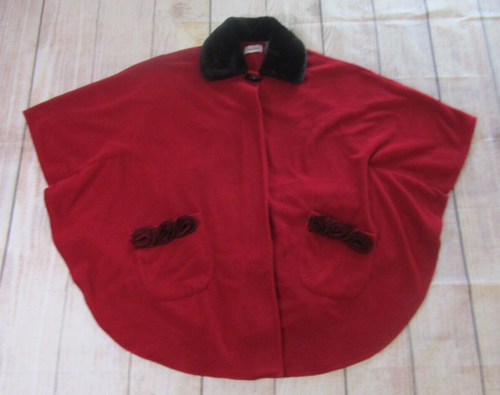 Le Moda Red Black Faux Fur Collar Fleece Poncho Cape Womens Coat One ...