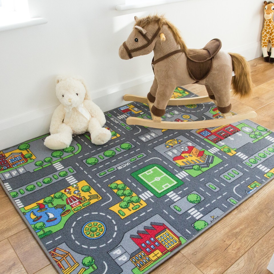 Children's Kids Rugs Town Road Map City Cars Toy Rug Play Village Mat ...