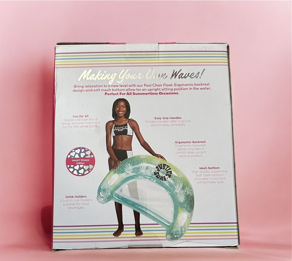 Justice Inflatable Upright Pool Chair Float Handles Mesh Bottom 2 Cup ...