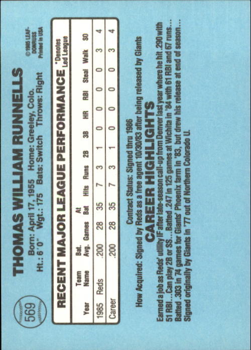 1986 Donruss Baseball Card #569 Tom Runnells | eBay