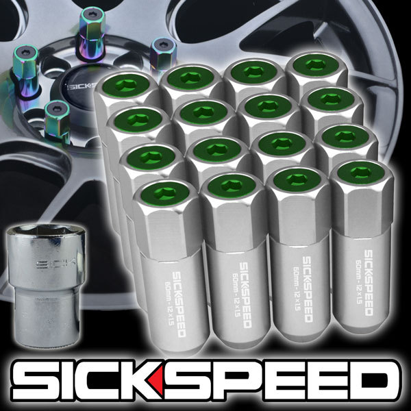 SICKSPEED 16 PC POLISHED/GREEN CAPS ALUMINUM 60MM LOCKING LUG NUTS 12X1 ...