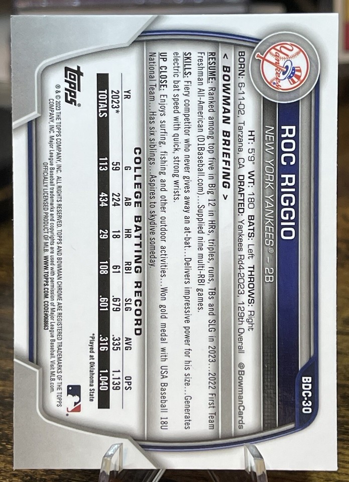 2023 Bowman Chrome Draft #BDC-30 |Roc RIggio 1st Bowman | YANKEES | eBay