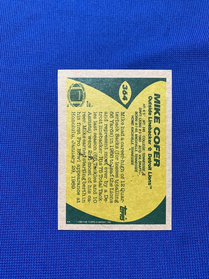 1989 TOPPS MIKE COFER DETROIT LIONS SIGNED AUTOGRAPHED AUTO CARD #364 W ...