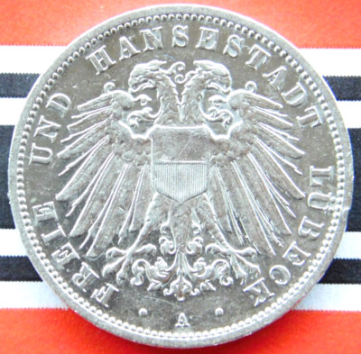 GERMAN 3 MARK 1910 A States LUBECK Hansestadt Silver Coin EMPIRE WW1 ...