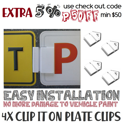 4pc white Clip It On Plate Clips easy to use Licence P/L for Car Number ...