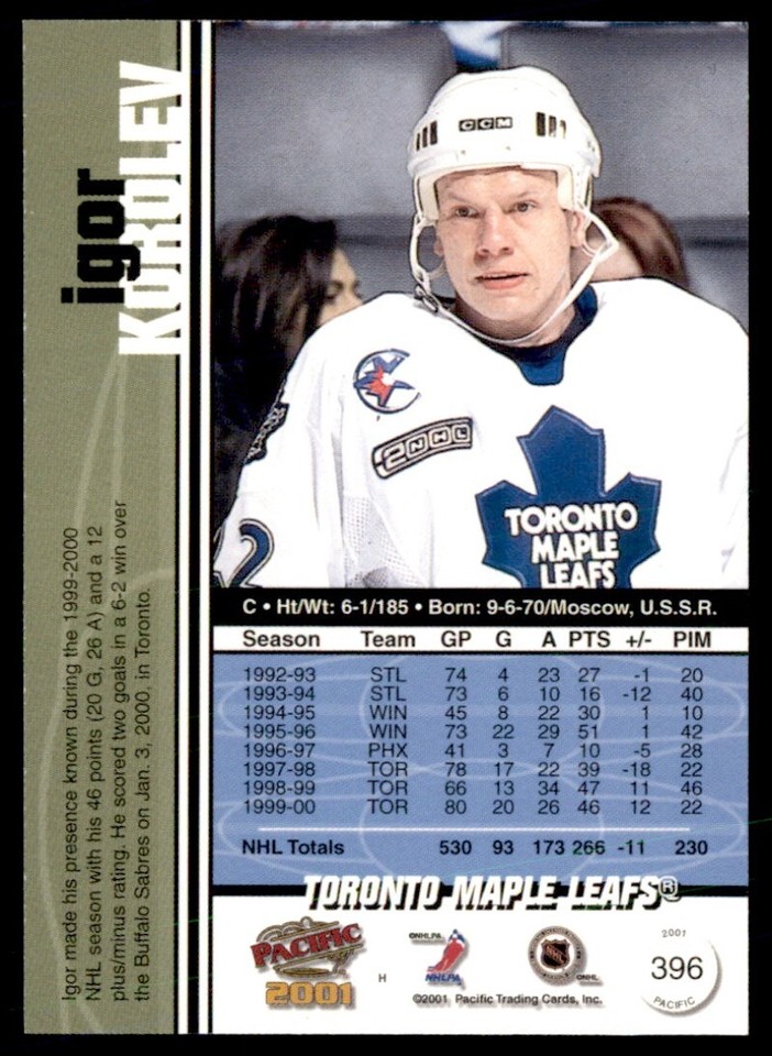 2000-01 Pacific Igor Korolev Toronto Maple Leafs #396 | eBay