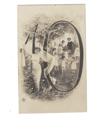 SB2408 LARGE NUMBER FIGURE 10 FANTASY BY NPG WOMAN AND KIDS POSING RPPC ...