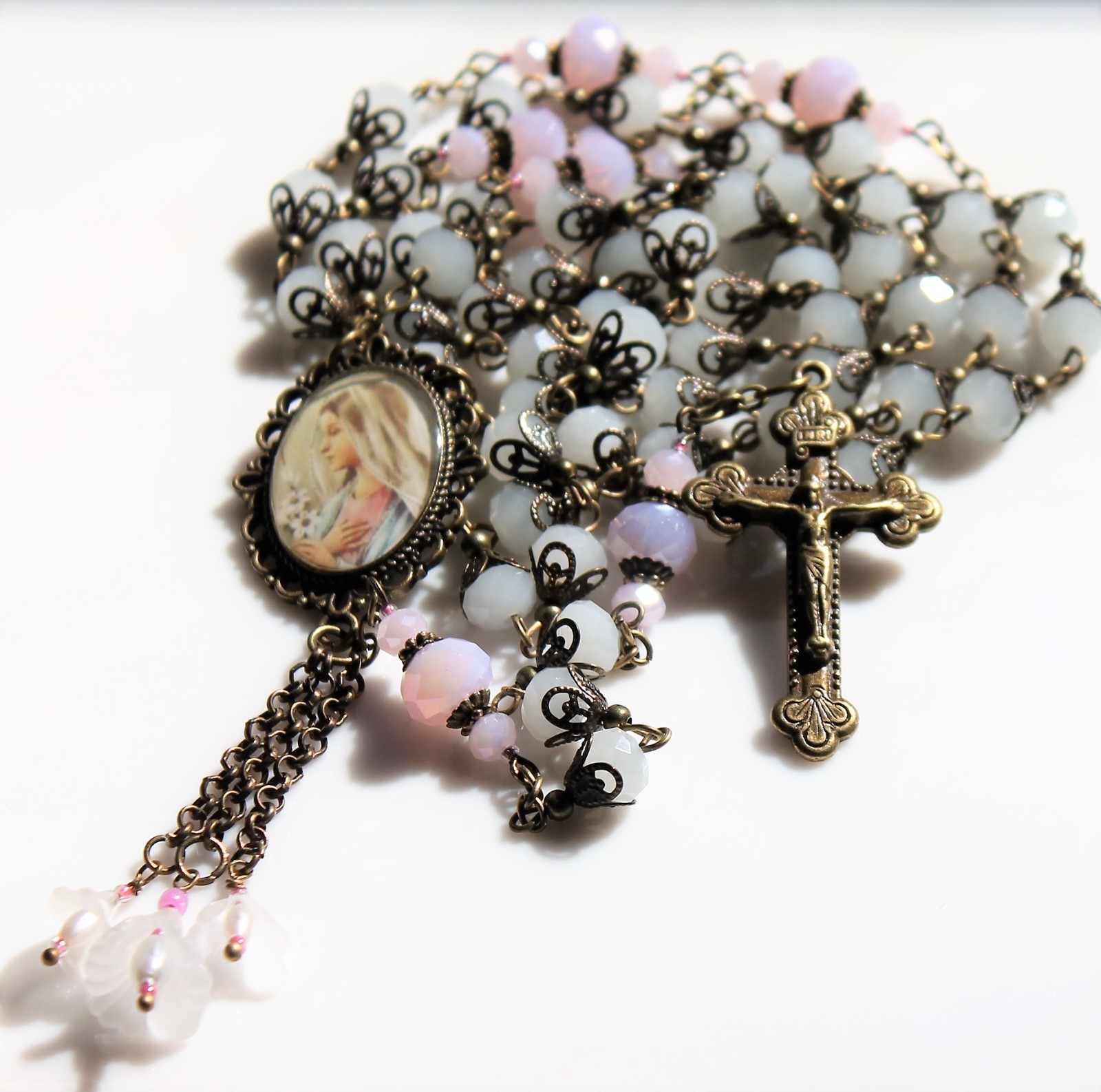 VIRGIN MARY WITH LILLIES CZECH WHITE/ PINK JADE CRYSTALS ANTIQUE BRONZE ...