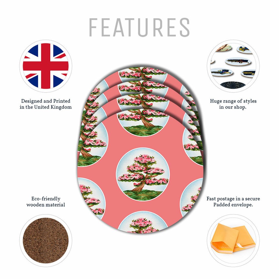 4 Set - Pink Bonsai Blossom Tree Coasters - Kitchen Drinks Coaster Gift ...