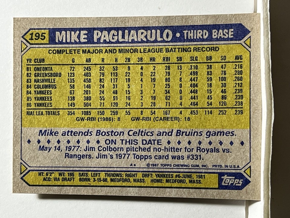 1987 Topps Baseball Card #195 - Mike Pagliarulo (Yankees) | eBay