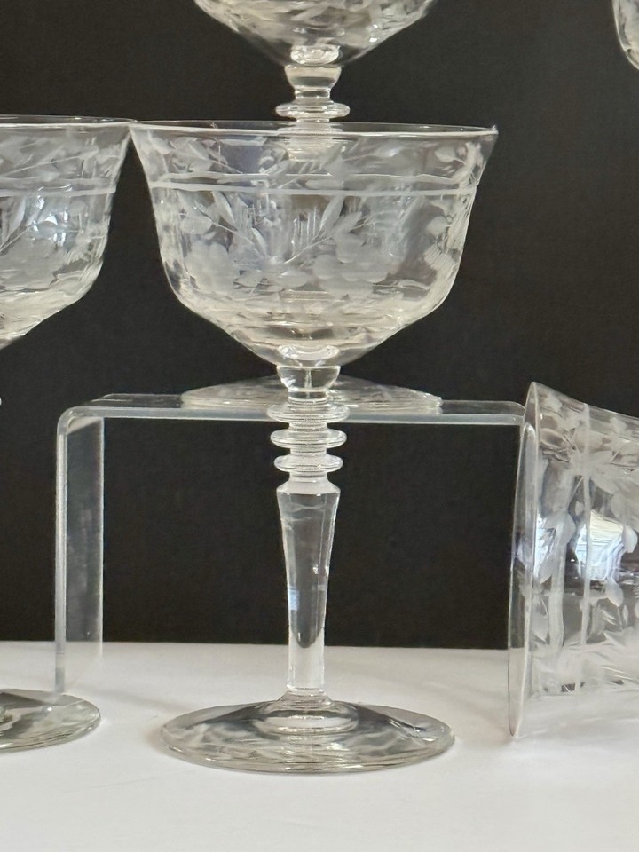 30 Pc Tiffin Etched Crystal Stemware Set Flanders Floral Goblets Coupes ...