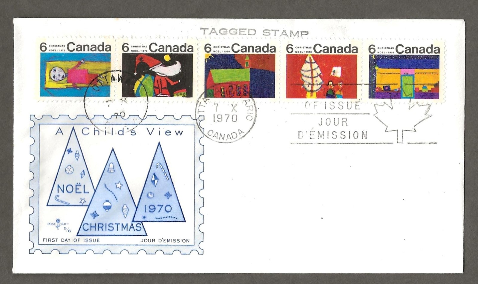 Canada first day cover, Ottawa, 1970 Xmas tagged 6 cent strip of 5, #2 ...