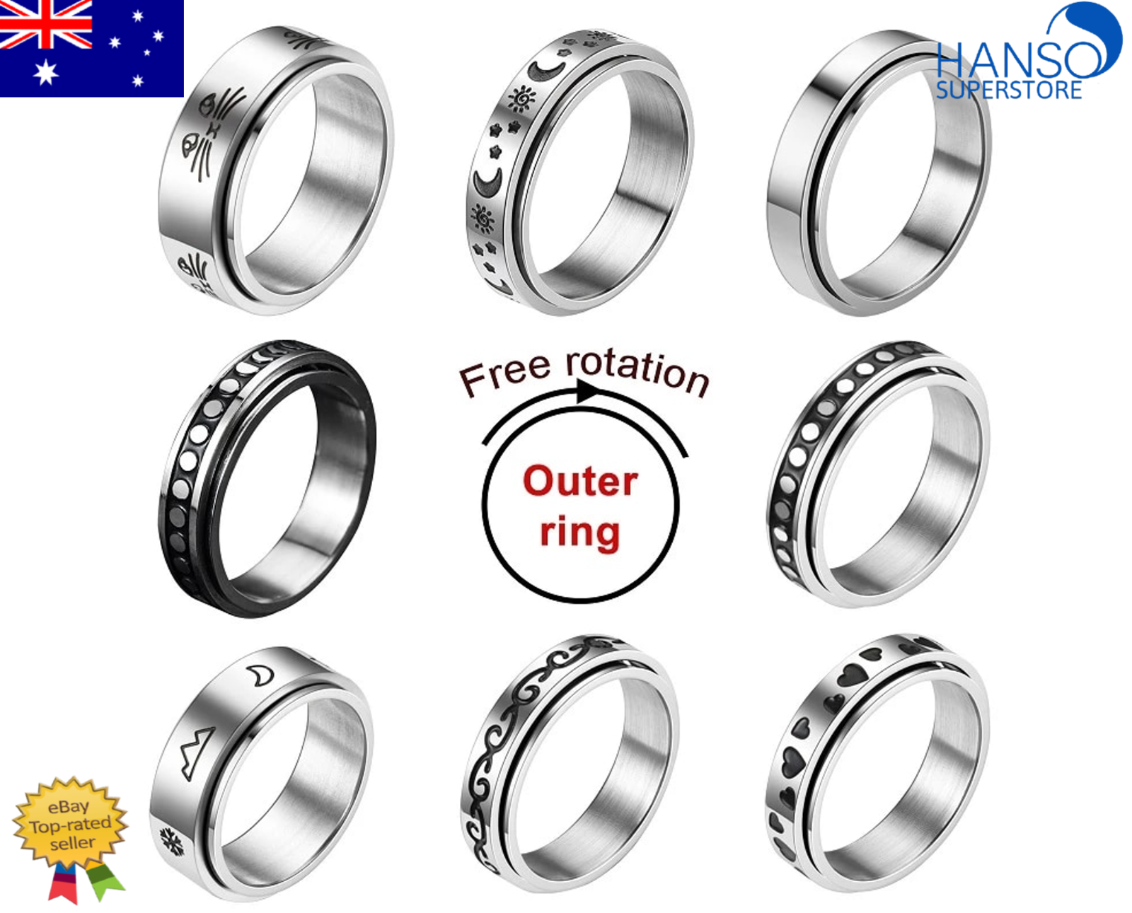 Anxiety Ring Fidget Rotating Spinner Rings Mens Womens Stainless Steel ...