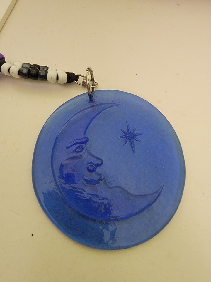 Blue Glass Wall Hanger Necklace Moon Man Face Beaded Beads | eBay