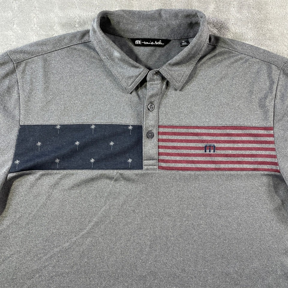 Travis Mathew Polo Shirt Mens XL Grey Golf American Flag Light Stretch ...