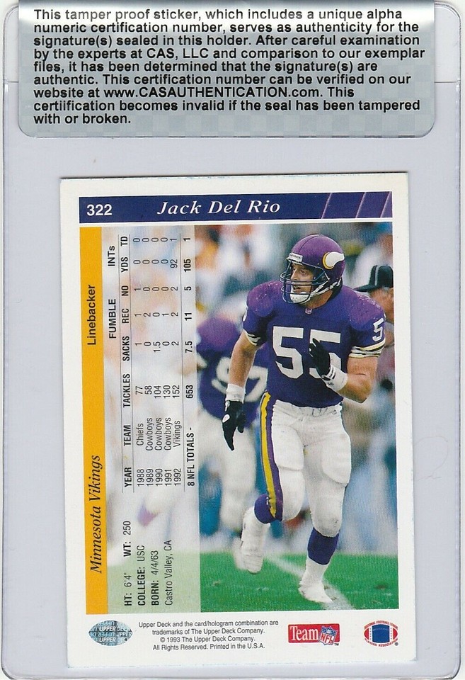 1993 UPPER DECK #322 JACK DEL RIO SIGNED AUTOGRAPH MINNESOTA VIKINGS ...